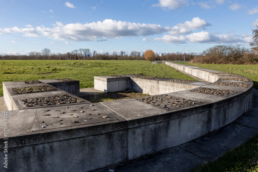 Demarcation stone curve of historic Roman wall remains with original ...