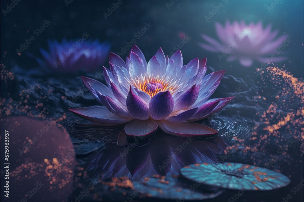 lotus white light purple floating light sparkle background with copy ...