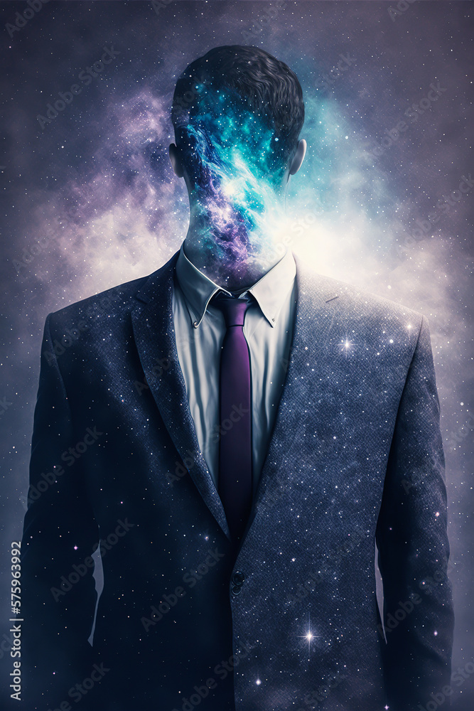 A businessman in a suit and tie, whose face is composed of an ...