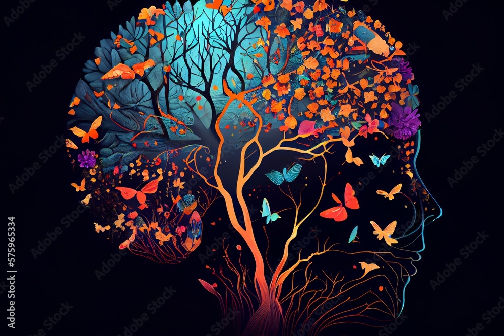 Human Brain Tree With Flowers And Butterflies, Self Care And Mental ...