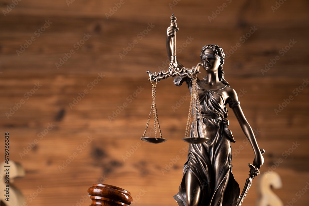Law concept. Judge chamber. Judge’s gavel, Themis sculpture, scale and ...