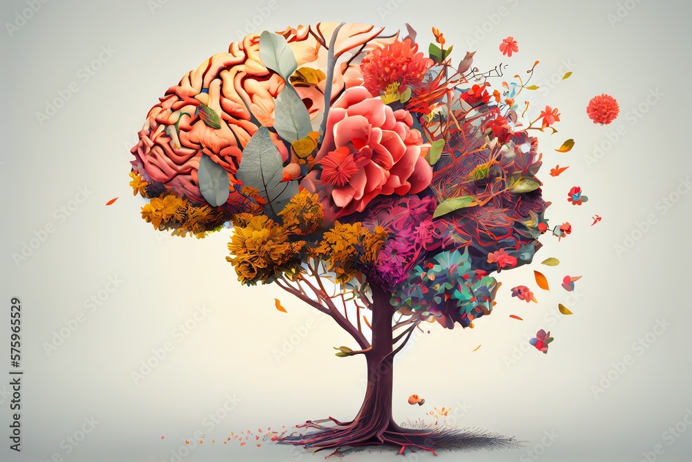 Human Brain Tree With Flowers, Self Care And Mental Health Concept ...