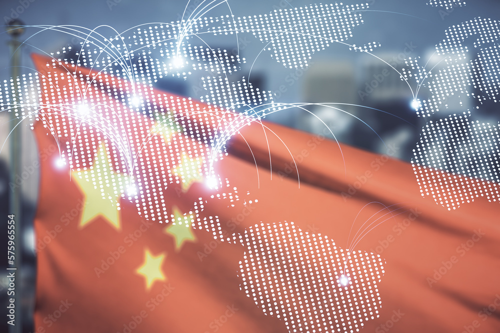 Abstract virtual world map with connections on Chinese flag and city ...