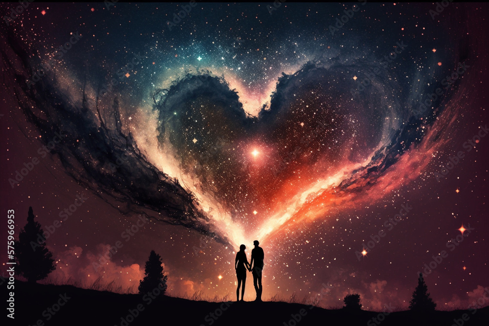 Two lovers in a romantic couple pose with starry night galaxy sky. Man ...