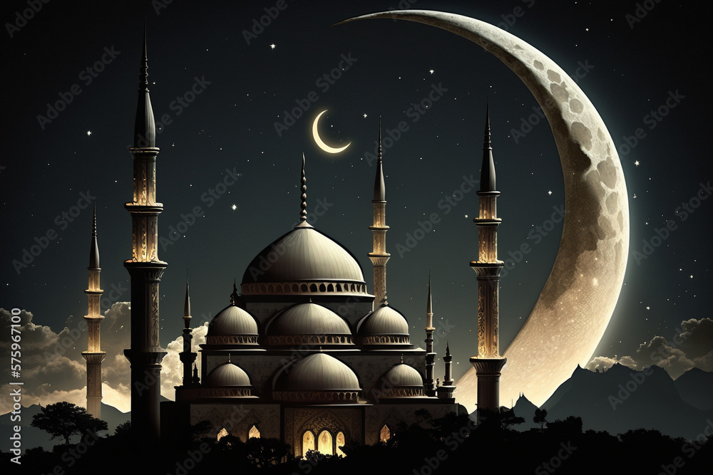 Muslim faith mosque with minarets with half moon at night. Religious ...