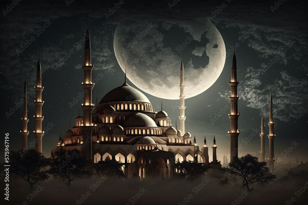 Muslim faith mosque with minarets with half moon at night. Religious ...