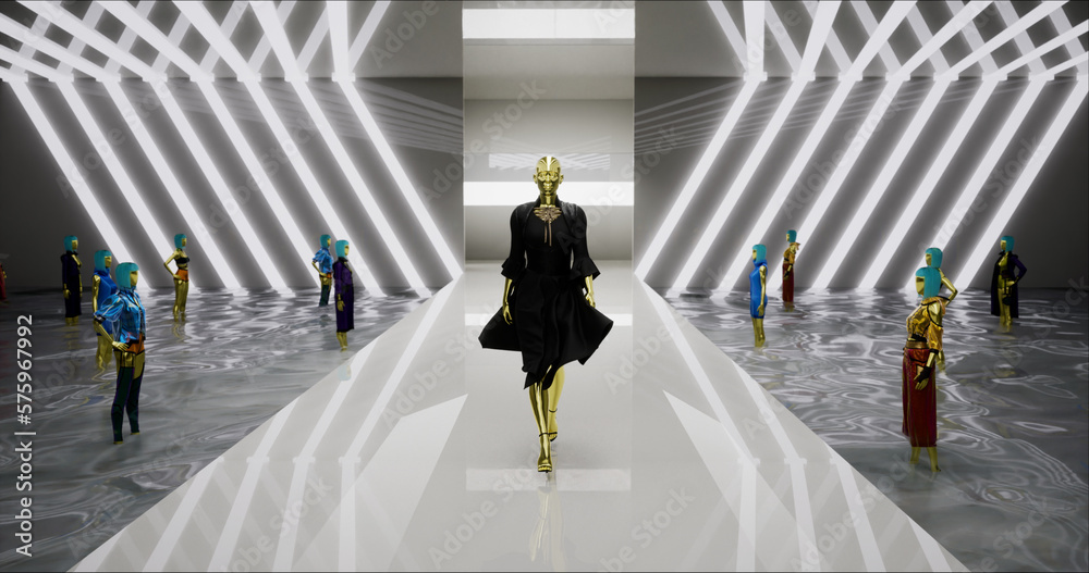 3D Fashion Show. The Virtual Female Model Walks Down the Runway. A ...