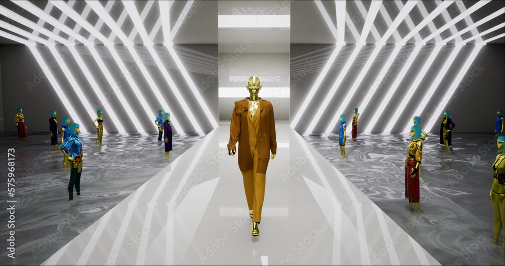3D Fashion Show. The Virtual Female Model Walks Down the Runway. A ...