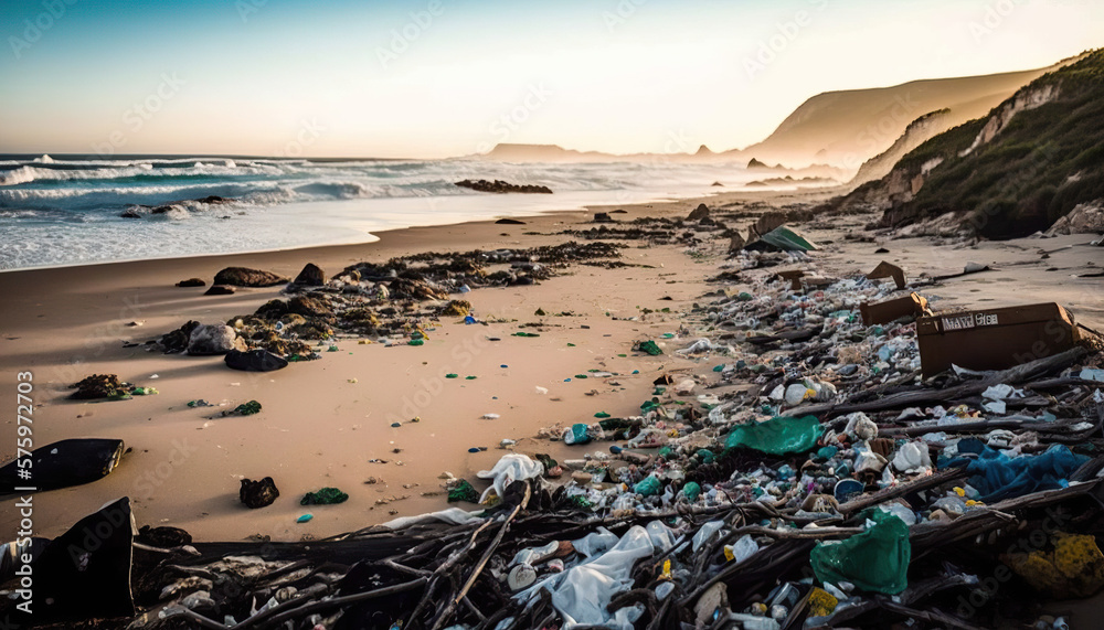 Beach polluted with waste and debris. Environmental crisis. polluted ...
