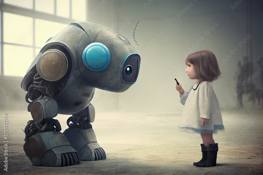Little Girl Talking To Chatbot Robot - Artificial Intelligence Concept ...