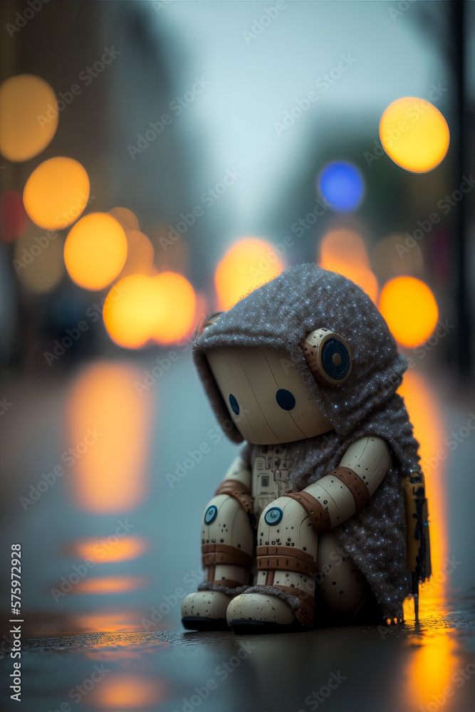 Lonely robot wandering in the street, under a romantic and tragic ...