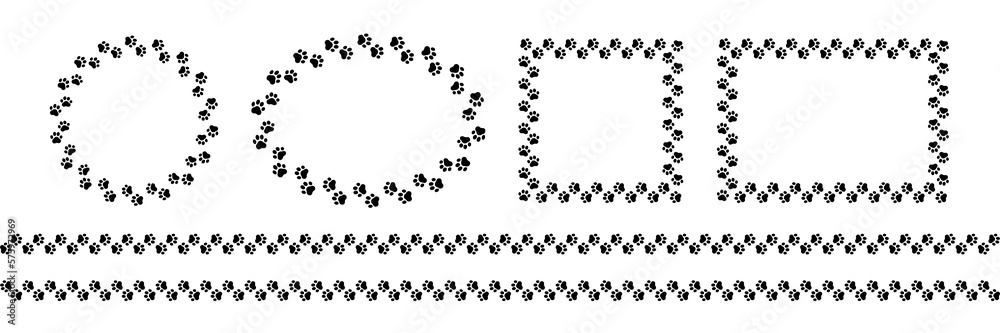 Frame paw pattern. Cute zoo border dog or cat. Black footprint boarder ...
