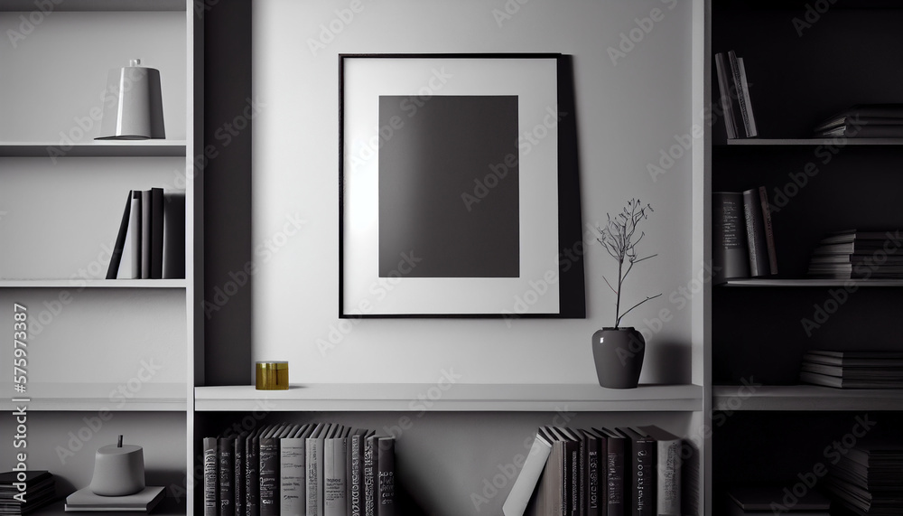 Empty frame on a shelf among books. Template for Design. AI generated ...
