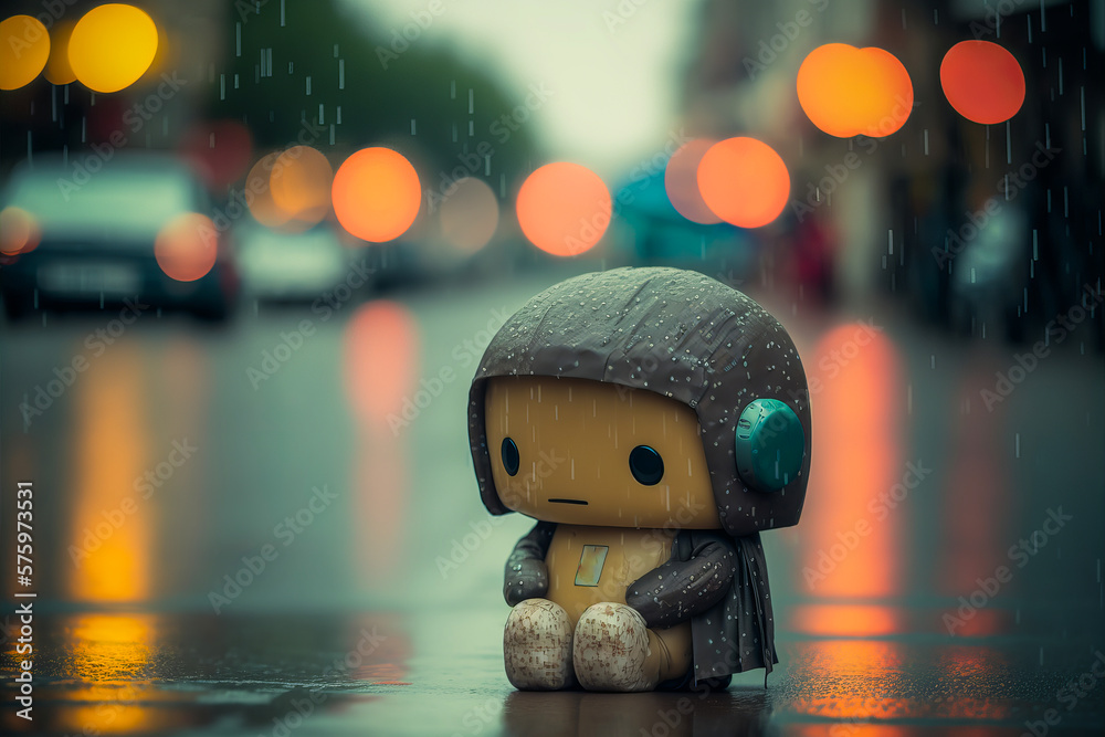 Ilustração do Stock: A small and sad robot wanders through a rainy and ...