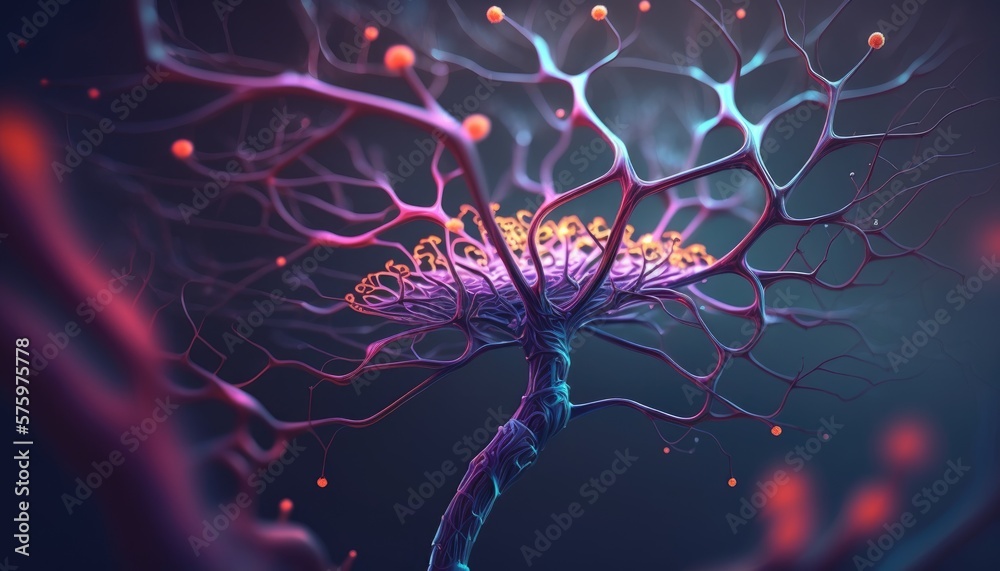 Neurons cells network. Excitation of neurons and synapses. Generative ...