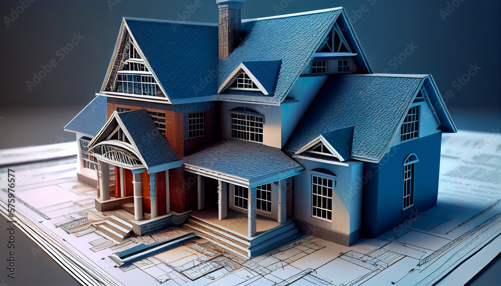 Blueprint designs and a home model for a construction project ...
