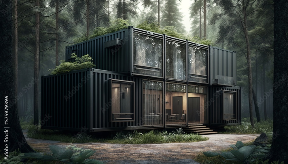 Luxury container house in the forest in the daylight. Generative AI ...