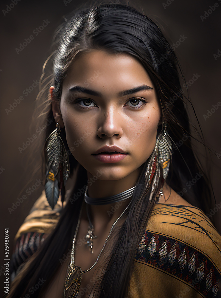 Poster portrait of young indigenous American Indian woman, Created ...