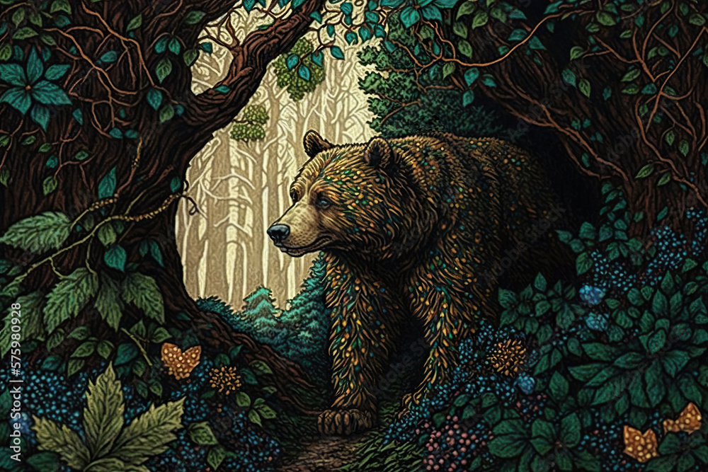 pen and ink drawing of a brown bear in the woods, Generative AI Stock ...