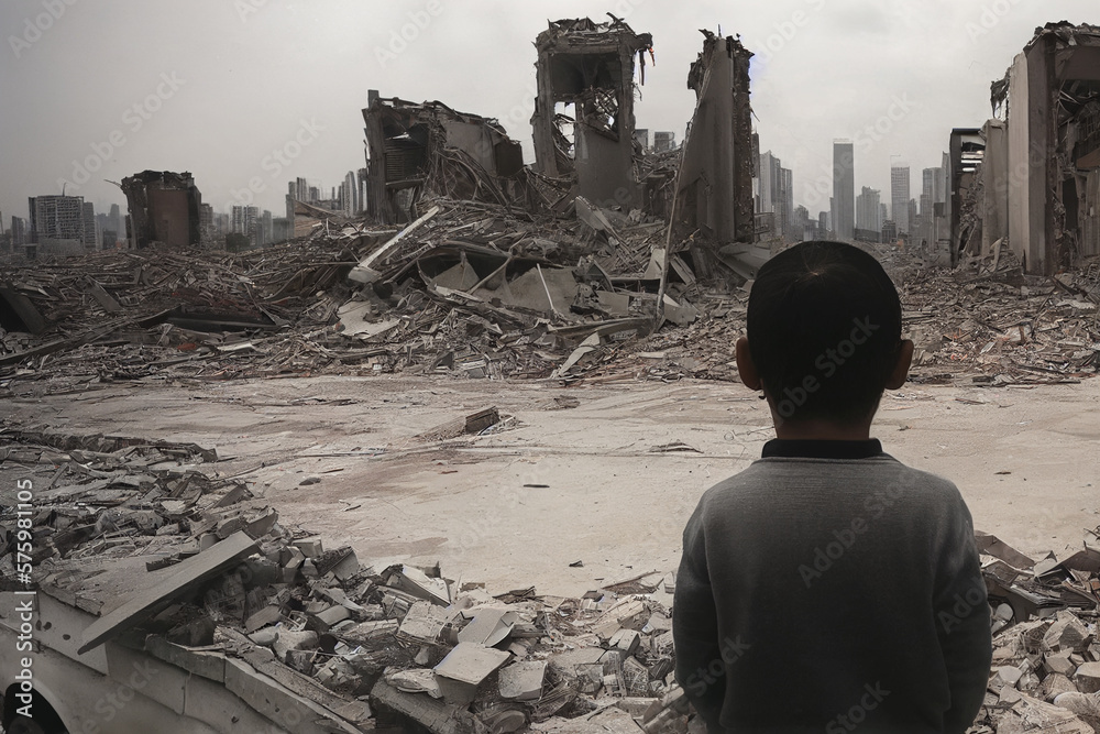 Unhappy people look at the destroyed house after the earthquake ...