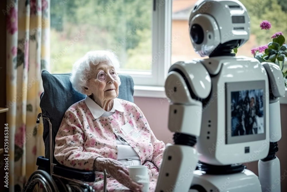 Robot assist elderly people in retirenment home. Healh Care with senior ...