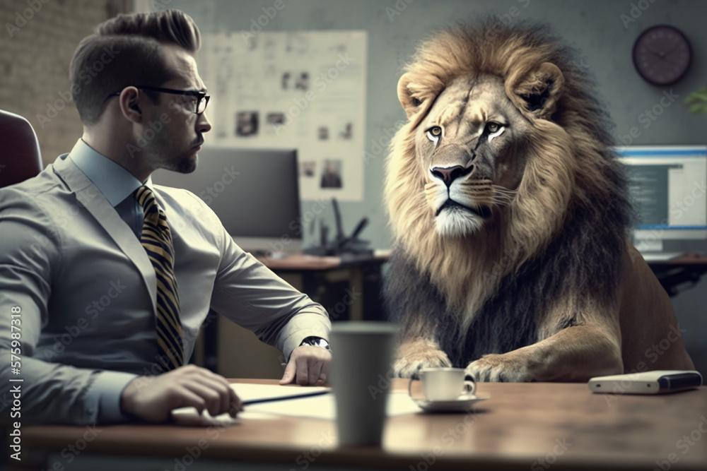 Lion wearing business suit is furious in office Generative AI Stock ...