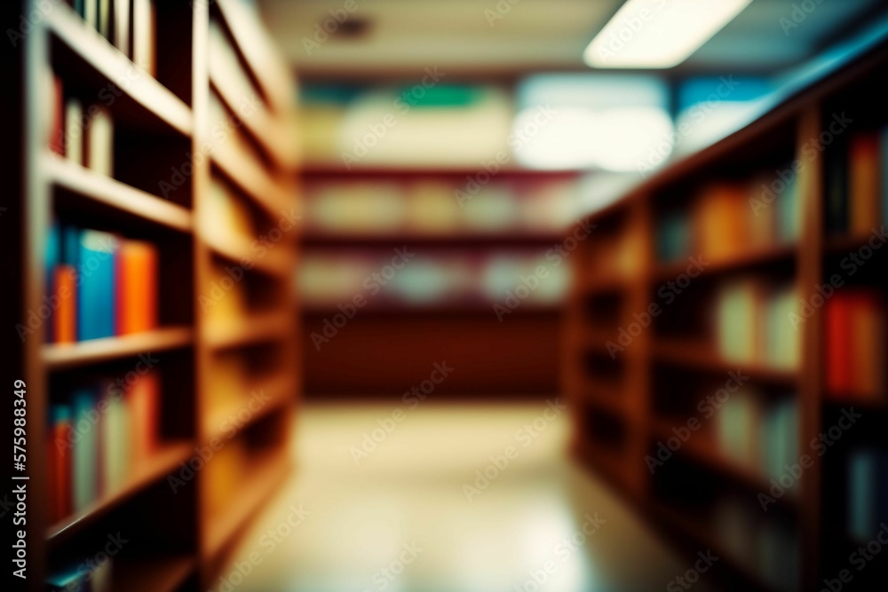 Abstract blurred empty college library interior space. Blurry classroom ...