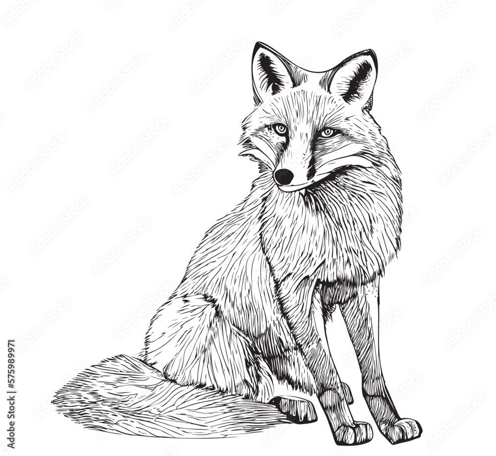 Poster Fox sitting hand drawn sketch illustration Wild animals ...