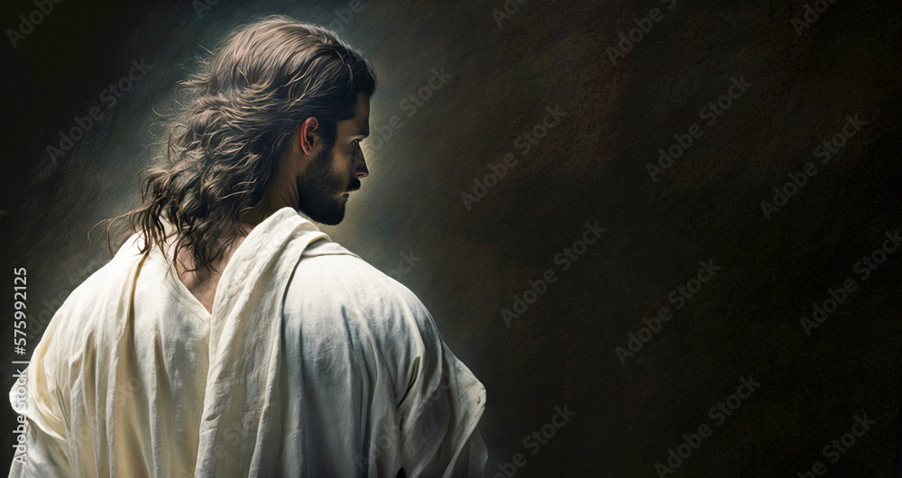 Jesus Christ seen from behind pensive, Ai generative Stock Illustration ...