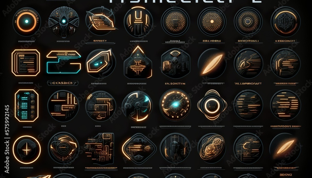 Sci-fi tech and cyberpunk icon sheet with multiple inspirational logo ...