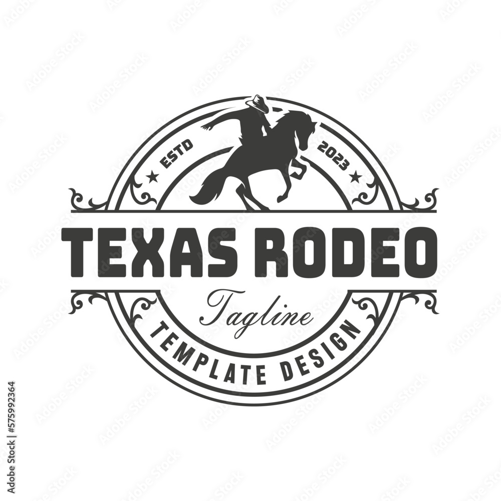 Retro Rodeo Emblem logo with equestrian silhouette. Wild west vintage ...