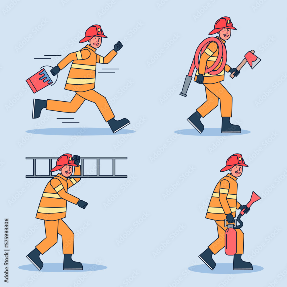firefighter character set. Fireman extinguishing fire set isolated on ...
