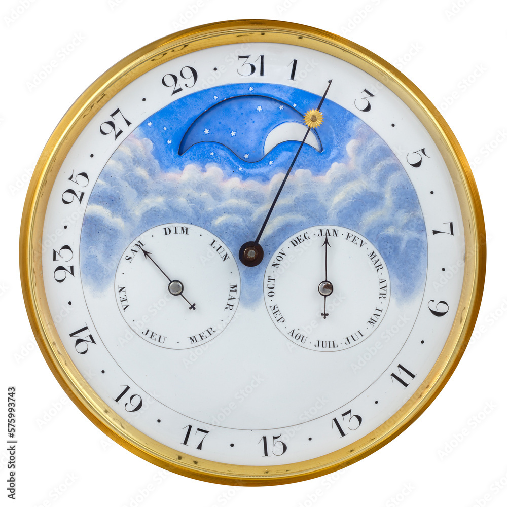 Ancient round clock shaped French calendar with day, month and moon ...