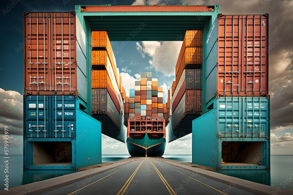 Shipping Container Port Illustration with giant cargo ships. Ai ...
