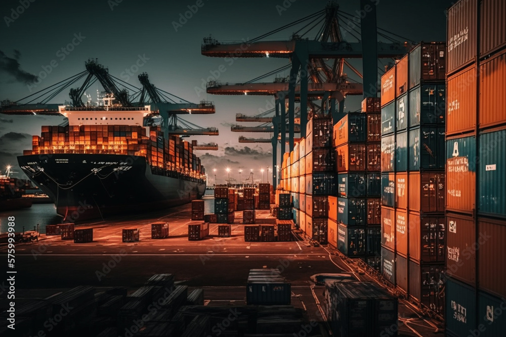 Shipping Container Port Illustration with giant cargo ships. Ai ...