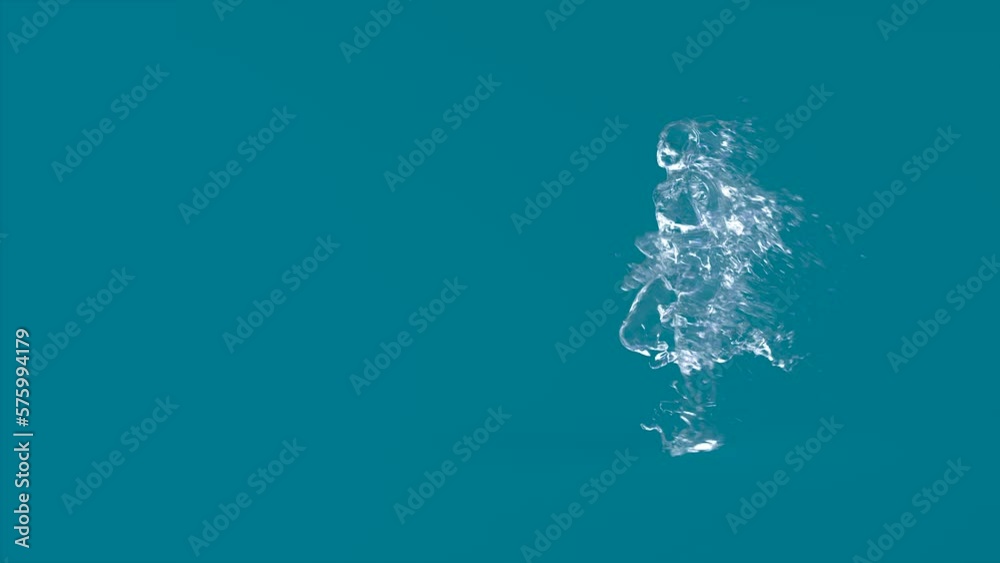 3d rendering of a running human made of water, blue background, looping ...