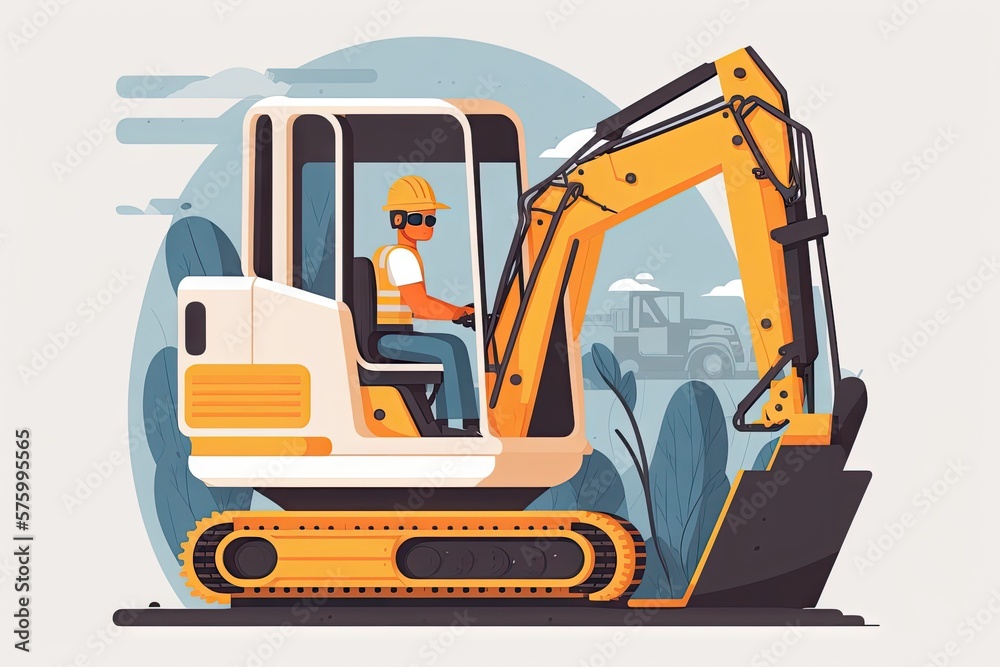 Mini excavator construction machine with man driving - illustration ...