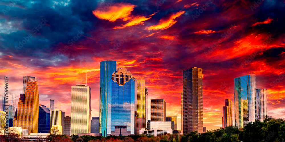 Saturated high contrast Houston Texas downtown buildings and city ...