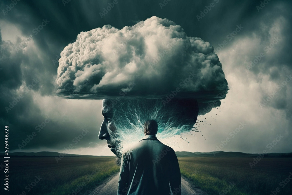 Negative thinking concept with head in storm clouds and lighting ...
