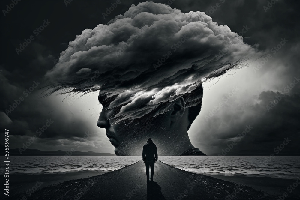 Negative thinking concept with head in storm clouds and lighting ...