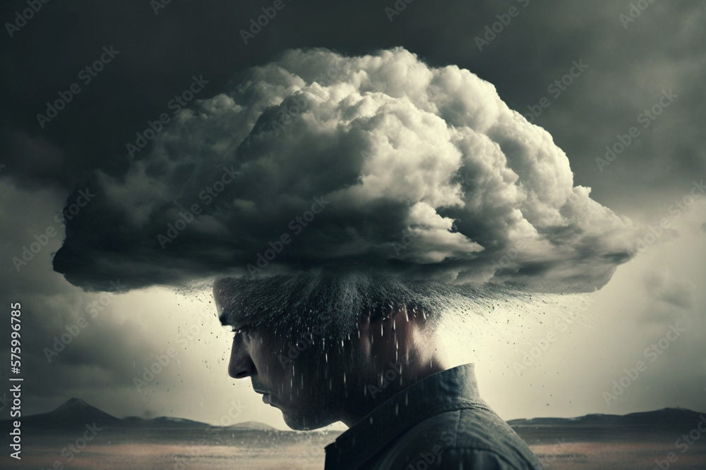 Negative thinking concept with head in storm clouds and lighting ...