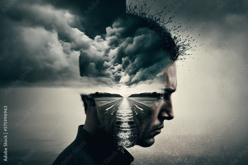 Negative thinking concept with head in storm clouds and lighting ...