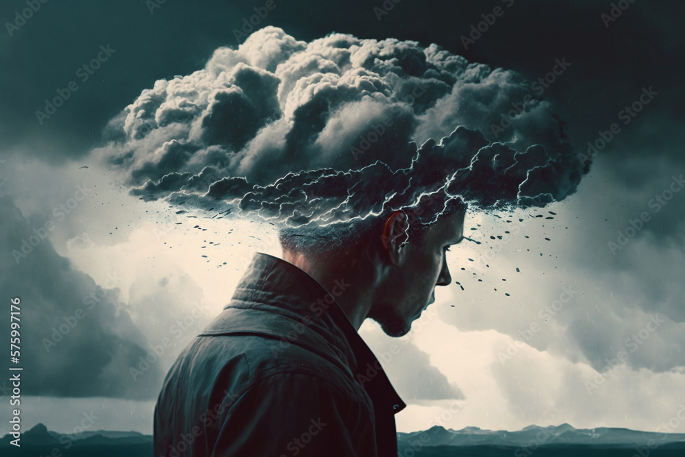 Negative thinking concept with head in storm clouds and lighting ...