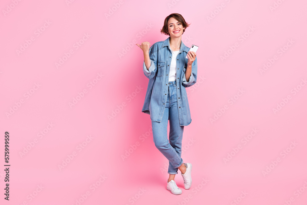 Full Length Photo Of Sweet Cute Woman Wear Jeans Shirt Communicating