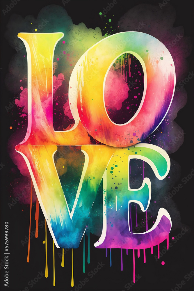 Ilustração de um letreiro escrito "love" em arco-íris, transmitindo uma ...