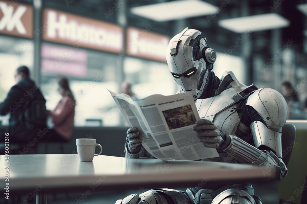 android reading newspaper in a futuristic city cafe, created by a ...