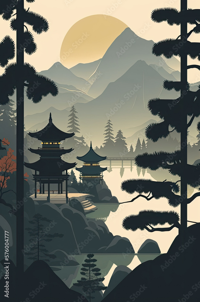 Japan - Minimalistic flat design landscape illustration. Image for a ...