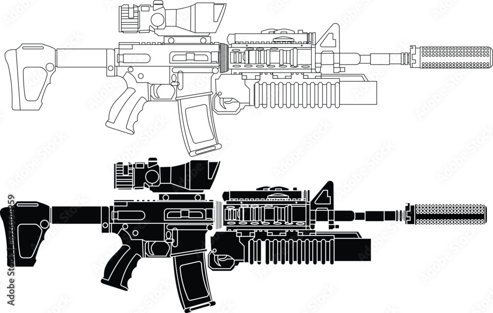 m4a1 socom vector illustration with outline and silhouette. Stock ...