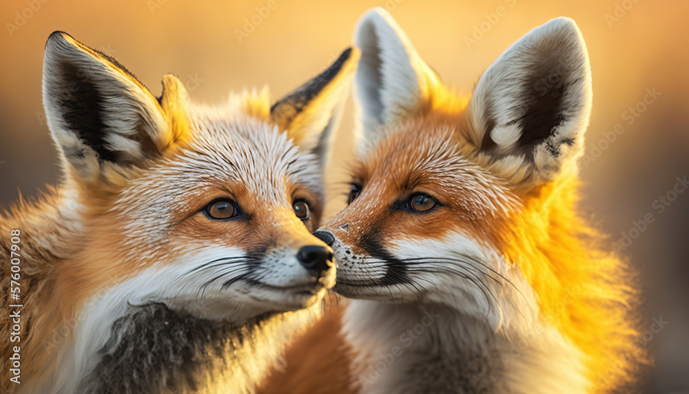 Two young red foxes with there nose to each other. Red fox vulpes ...