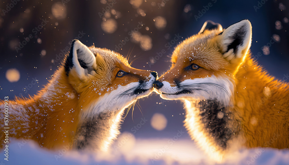 Two young red foxes with there nose to each other. Red fox vulpes ...